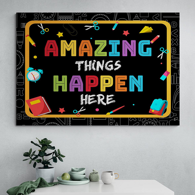 Amazing Things Happen Here Framed Canvas - Motivational Poster For ...