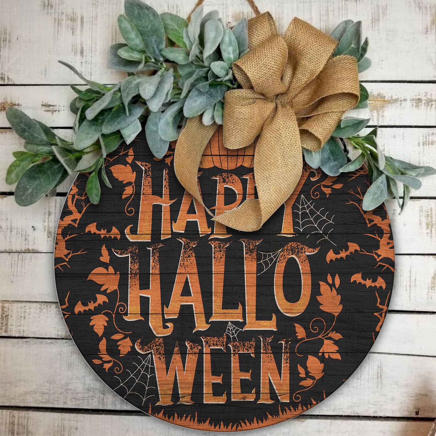 Happy Halloween Pumpkin Circle Wooden Door Sign Hanger - Front Porch ...