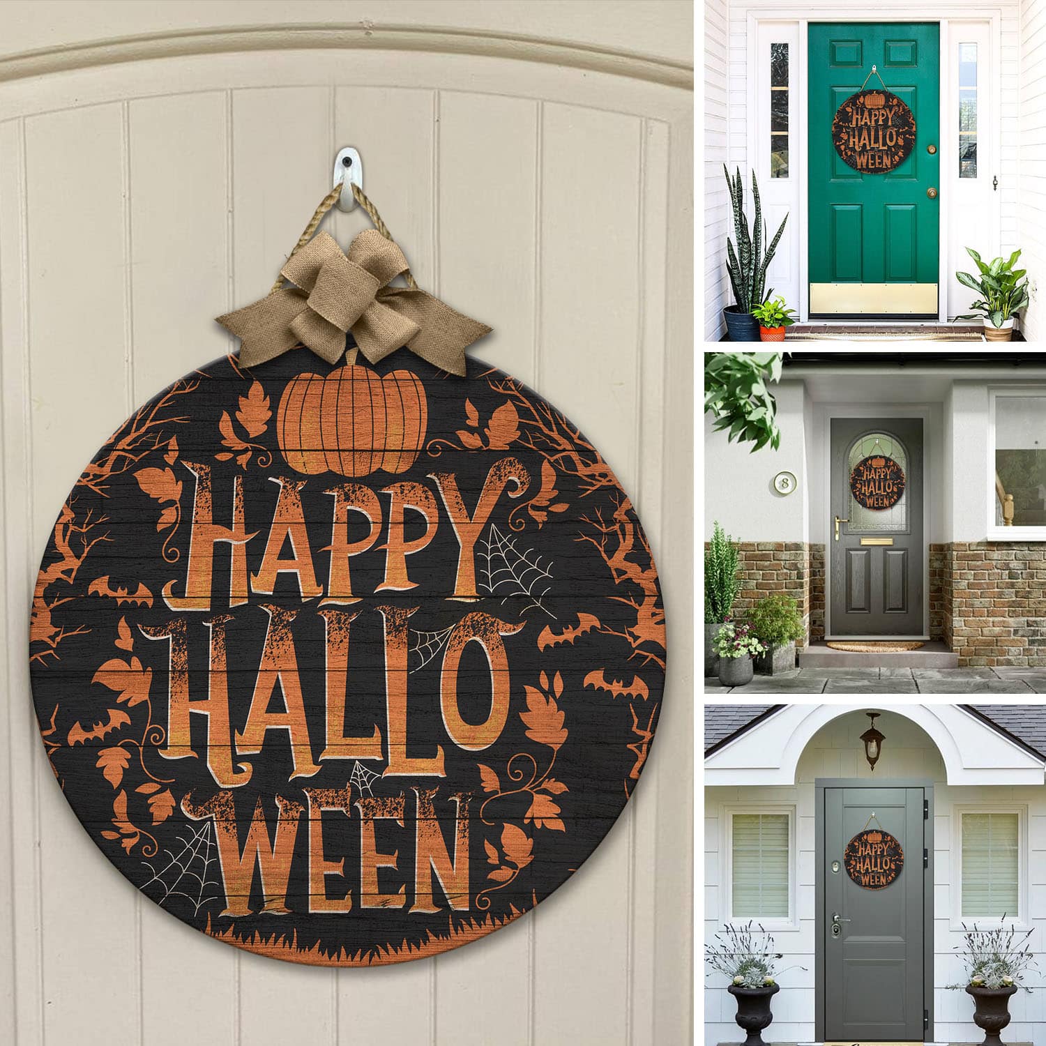Happy Halloween Pumpkin Circle Wooden Door Sign Hanger - Front Porch ...