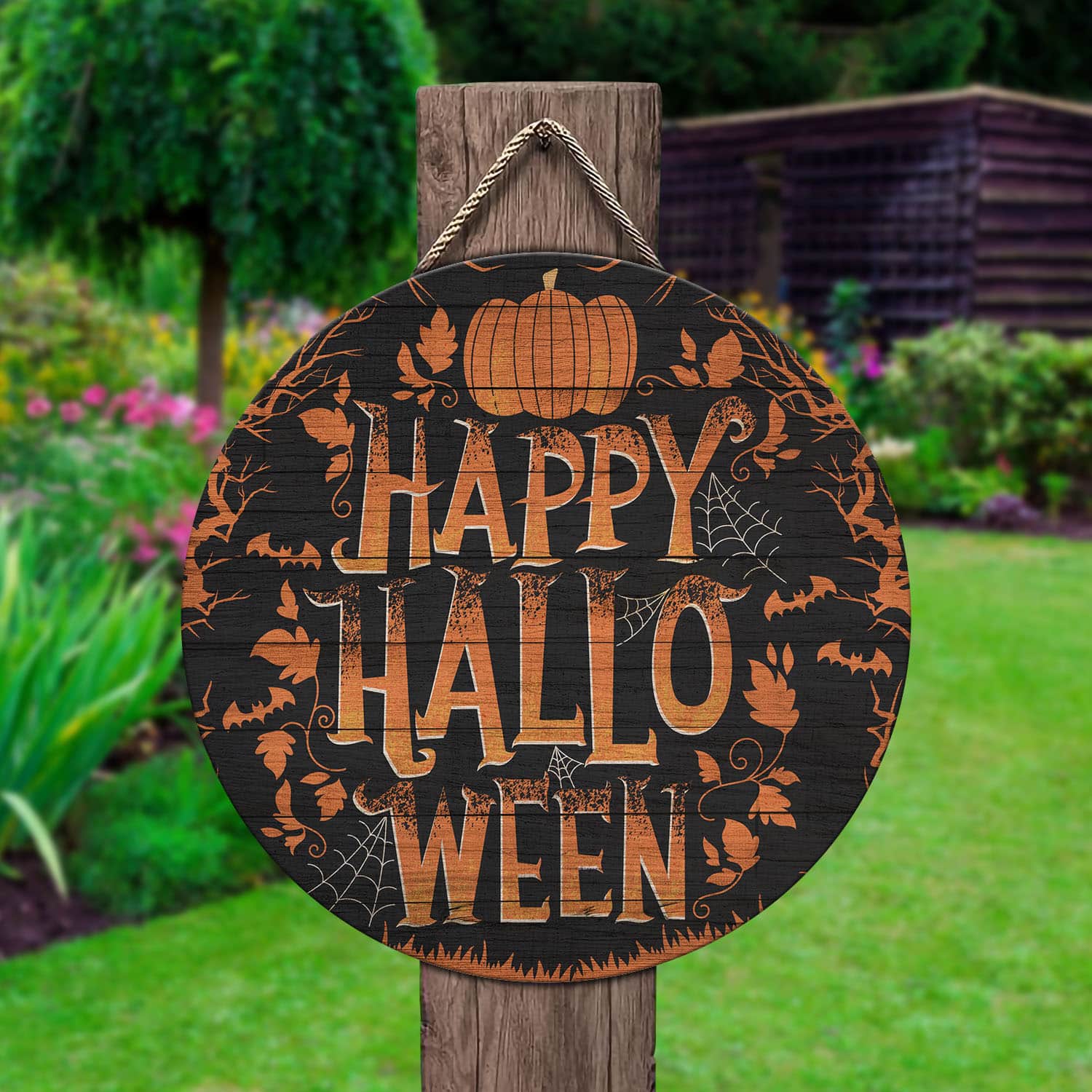 Happy Halloween Pumpkin Circle Wooden Door Sign Hanger - Front Porch ...