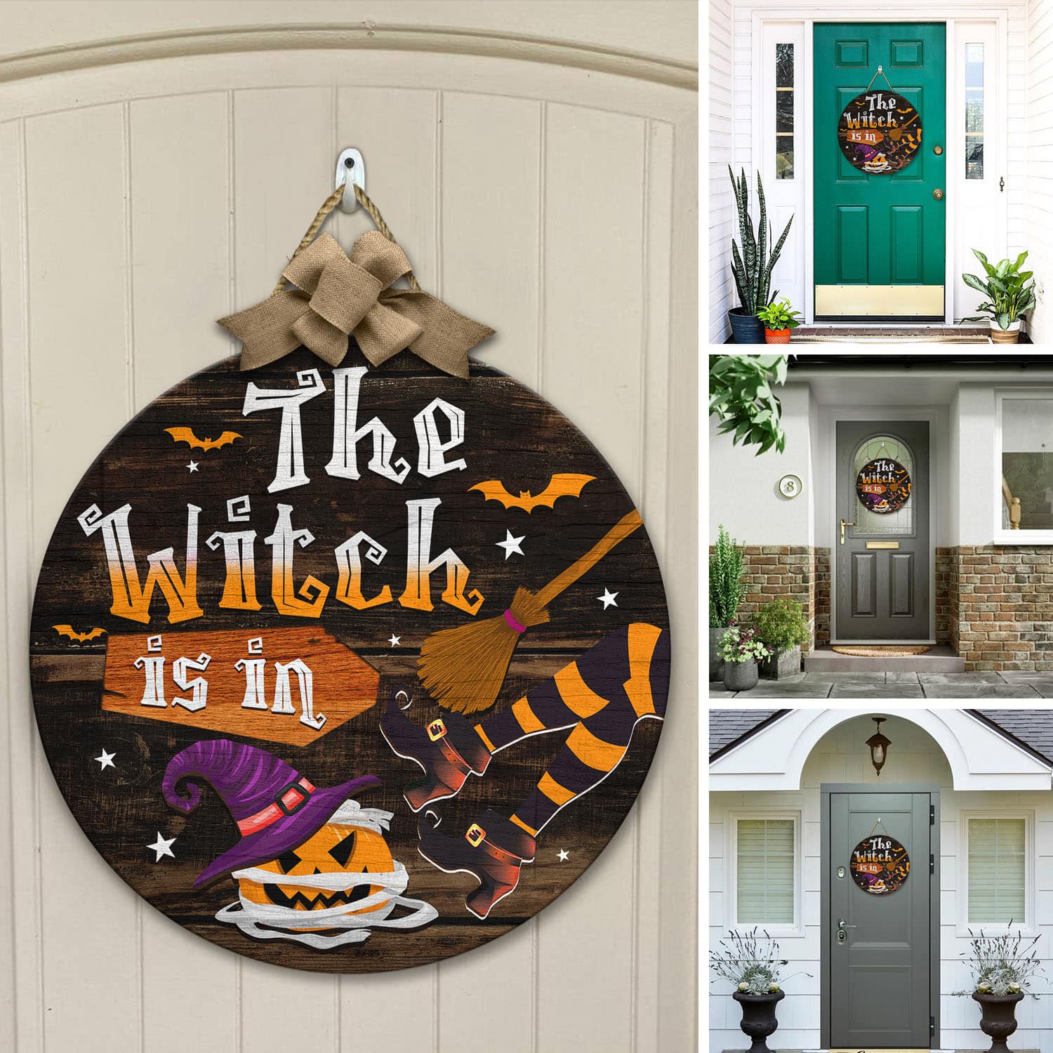 The Witch Is in Halloween Decoration Door Sign Decorative Circle Wooden ...