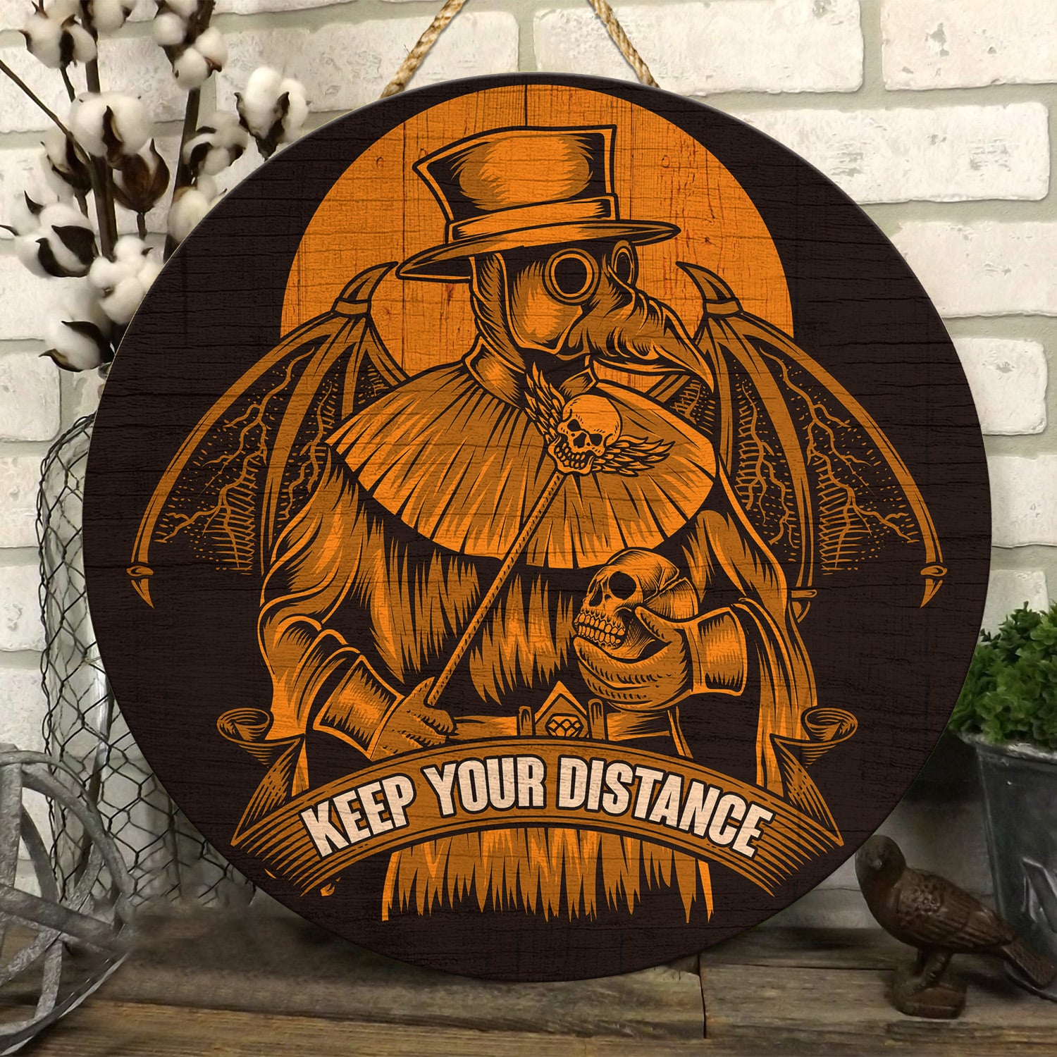 Vintage Plague Doctor Keep Your Distance Decorative Circle Wooden Door ...