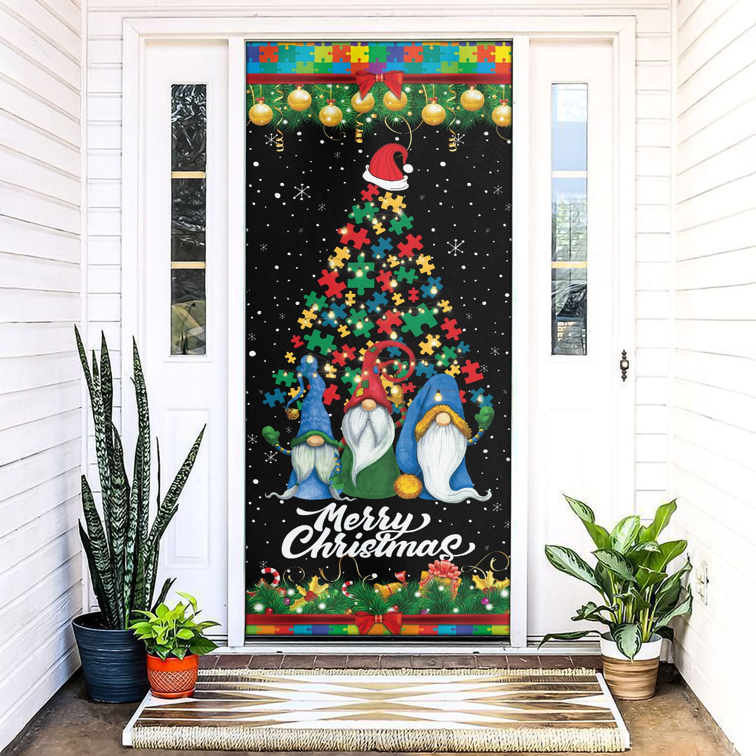 Merry Christmas Autism Family Puzzle Pieces Christmas Door Cover ...