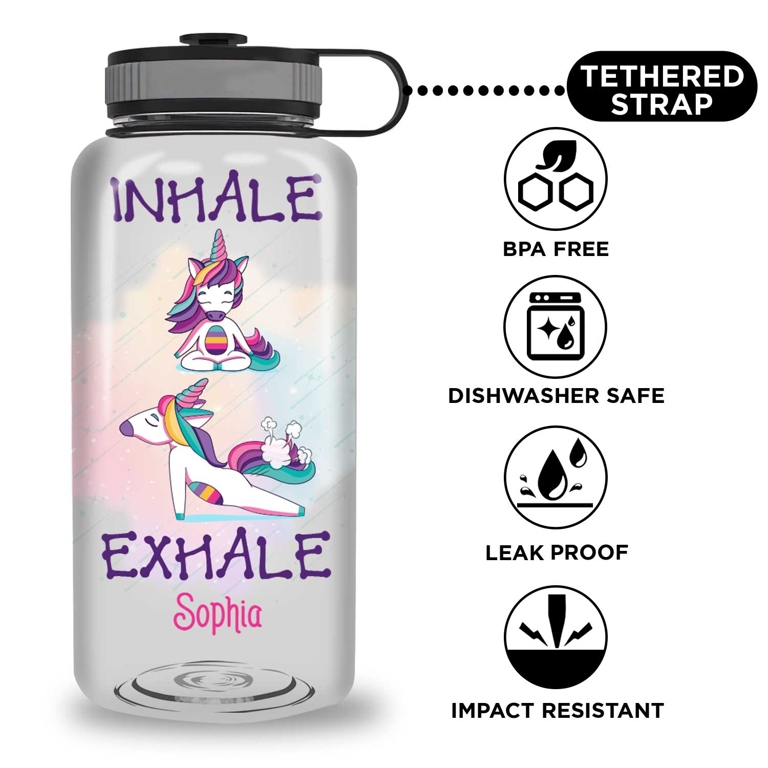 Personalized Inhale Exhale Funny Unicorn Yoga Water Bottle With Time ...